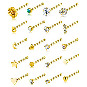 Tornito 20G 20Pcs Nose Ring CZ Nose Stud Retainer L Bone Screw Shaped Nose Piercing Jewelry Set for Women Men Stainless Steel Rose Gold Tone (D:20Pcs,Bone Shaped, Gold Tone)