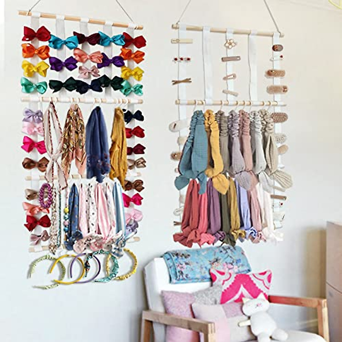 Headband Holder Bow Holder Jewelry Organizer for Girls，Bow Organizer with 30 Pcs S-Hook，Headband Organizer for Hangable Toys,Nursery Closet