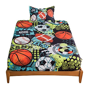 qjmiaofang Football Sheets Twin for Kids Sports Sheets 2 Pieces American Football and Basketball Bed Sheets Boys Teens Baseball and Soccer Printed Bed Set Including 1 Fitted Sheet 1 Pillowcase