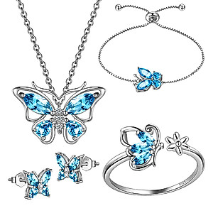 Hipunk Butterfly Blue Jewelry Sets Birthstone Women 925 Sterling Silver March-Auqamarine Birth Stone Animal Butterflies Jewelry Sets/Earring/Ring/Bracelet Set Crystal Birthday Jewelry SS0003M