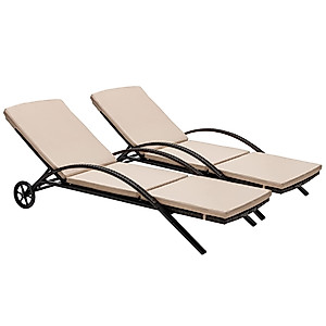 HOMREST Outdoor Chaise Lounge Chair Set of 2, Patio Loungers with Mobility Wheels and Detachable Cushion, Wicker Lounge Chairs for Outside, Patio, Porch, Backyard (Khaki)