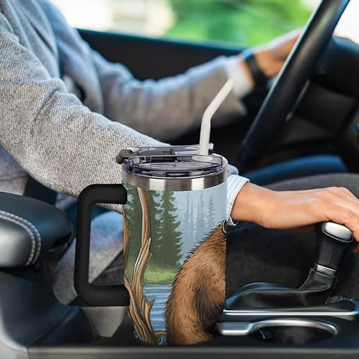 LLUTSNTH 40 Oz Vacuum Tumbler with Black Handle Leakproof Insulated Tumbler Busy Beaver Cartoon Stainless Steel Travel Mug with Lid And Straw Coffee Cup Cute Water Bottles Cup Holder Friendly