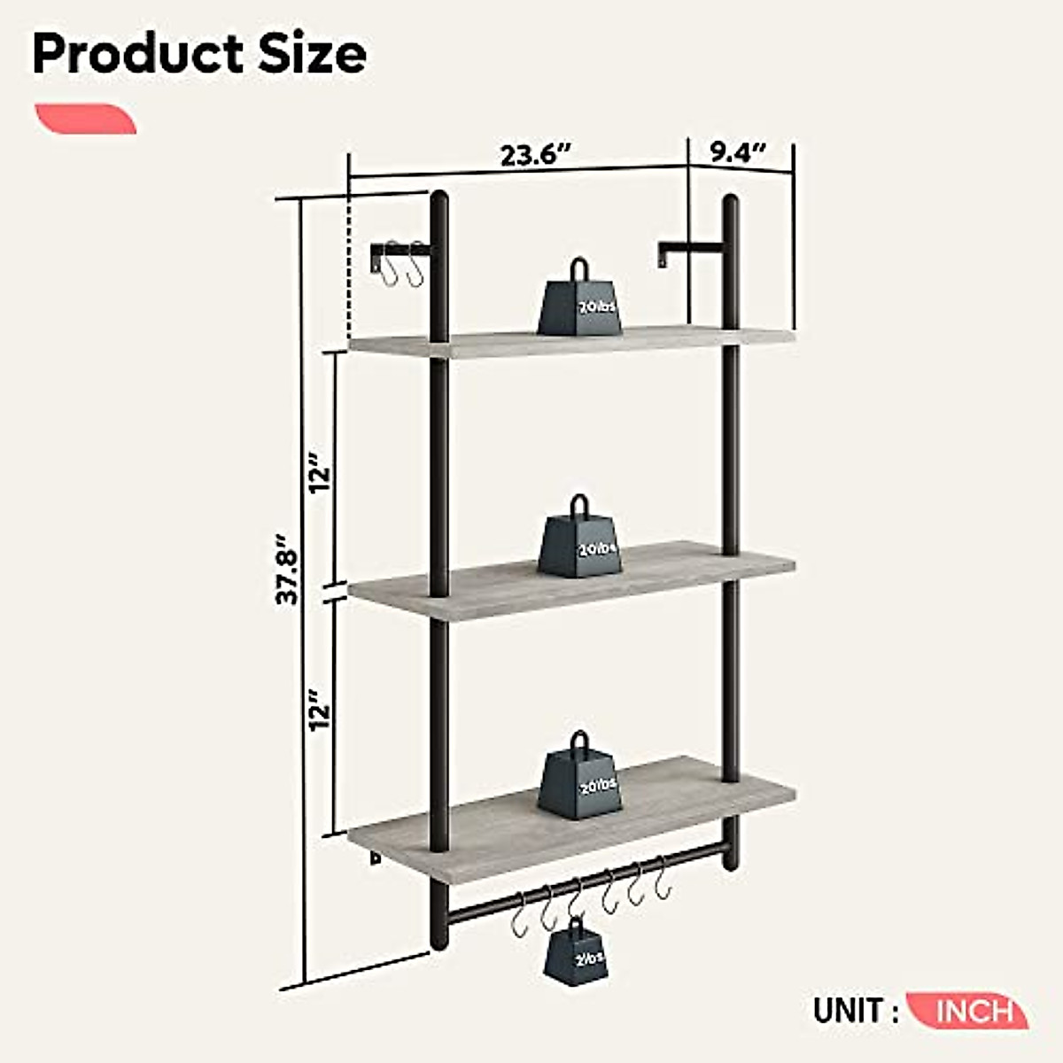 Bestier Floating Shelves, Storage Hanging Shelves for Wall Decor with Towel Bar and Hooks for Living Room Kitchen Coffee Bar, Grey