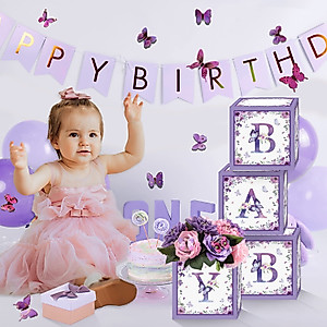 GOGOPARTY Purple Butterfly Floral Baby Shower Boxes Decorations - 4 Baby Shower Centerpiece Boxes Gender Reveal First Birthday Centerpiece Decors (Without Flowers)