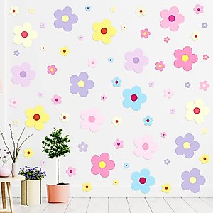 Hotop 128 Pcs Cute Flowers Wall Decal Daisy Wall Stickers Pastel Aesthetic Preppy Hippie Trendy Wall Flowers Wall Decor Colorful Boho Wall Art Decor for Dorm Bedroom(Preppy)