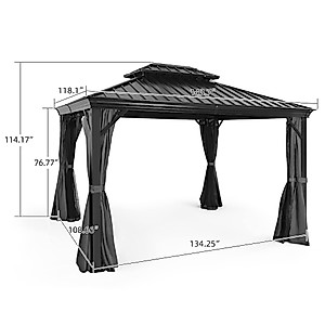 BACKYADOOR 10x12 Hardtop Gazebo, Hardtop Gazebo with Mosquito Netting and Curtains, Hard Top Metal Gazebo for Backyard, Deck, Poolside （Gray）