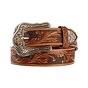 Tony Lama Western Ride Tooled Leather Bronc Buckle Mens Belt 1 1/2in Brown 38