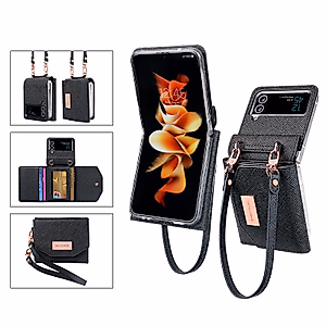 XIMAND for Samsung Galaxy Z Flip 3 Wallet Case with Built-in Leather Cash Slot and Credit Card Holder. Wristlet Strap and Hinge Protection, Carrying Handbag Phone Case for Women Ladies.(Black)