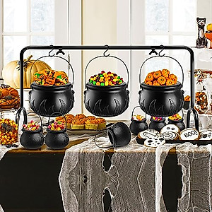 YGAOHF Cauldron Halloween Decor - Set of 12 Plastic Witches Cauldron Serving Bowls on Rack, Spooky Candy Bucket for Indoor Outdoor Home Decorations, Black