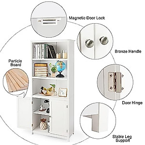 SILKYDRY Bookshelf with Storage Cabinet, 3-Tier Open Shelf, Standing Tall Bookcase with Double Doors, Anti-Tipping Device & Adjustable Shelves, Versatile Book Shelf for Home Office (White)