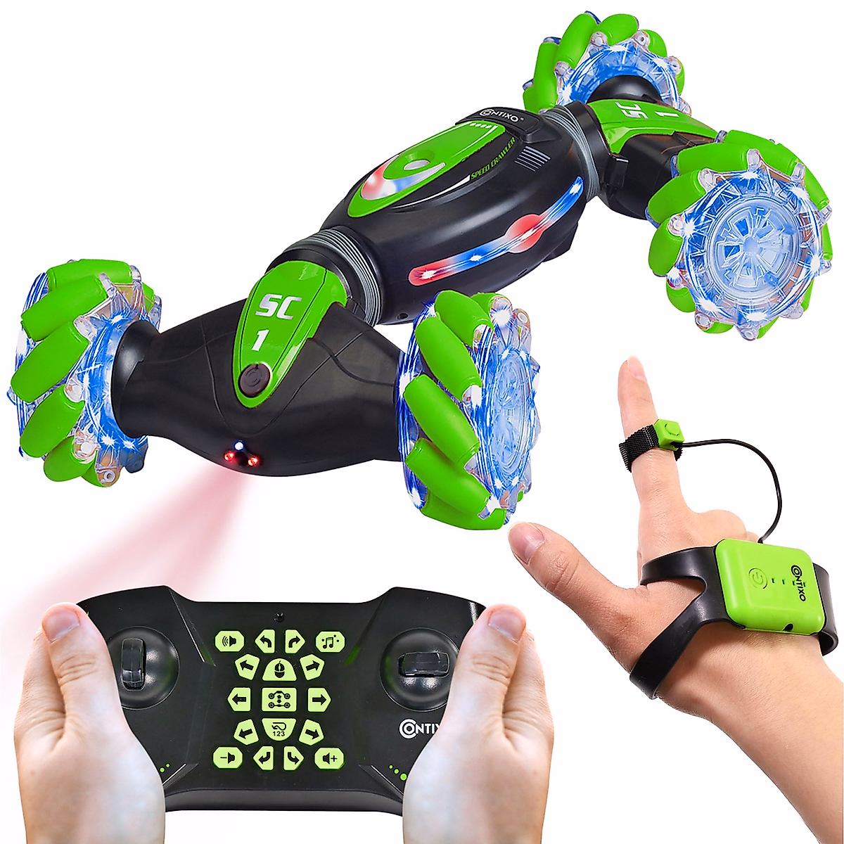 Contixo SC1 All Terrain Speed Crawler RC Stunt Car, 4WD 2.4GHz Remote Control Car, Gesture Sensor Toy Cars, Double Sided Rotating 360° Flip Offroad Vehicle with Lights Music, Kids Toy Cars, Green