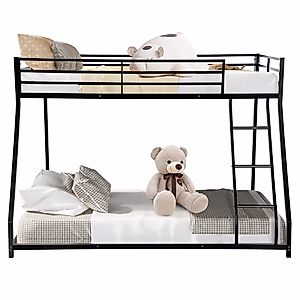 Twin Over Full Size Bunk Bed, Heavy Duty Metal Bunk Bed Frame with Inclined Ladder, Low Floor Bunk Bed for Teens Adults Dorm Bedroom Guest Room, Space Saving & Noise Free, No Box Spring Needed, Black