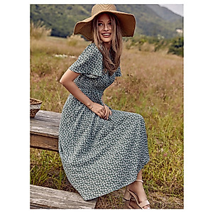 Floerns Women's Casual Floral Print Crewneck Short Sleeve A Line Boho Maxi Dress Green Multi L