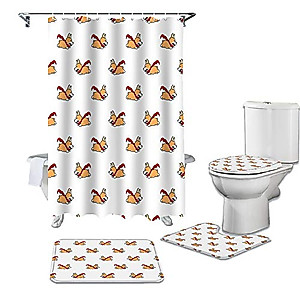 FAMILYDECOR 4 Pcs Bathroom Decor Set, Polyester Waterproof Bath Curtain and Non-Slip Bathroom Rugs Toilet Lid Cover, Cute Cartoon Corgi Running Shower Curtain with Hooks 36x72 Inch