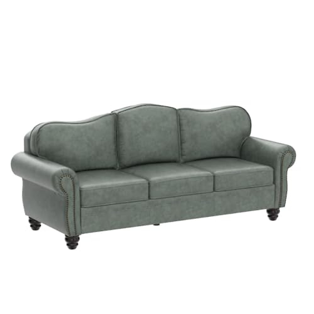 HULALA HOME 81'' Upholstered Leather Sofa with Nailhead Trim and Rolled Armrests, Mid-Century Modern Living Room 3-Seater Couch, Sage Couch with Removable Cushion for Bedroom Apartment