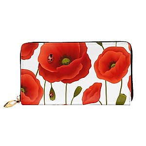 Long Handbag Purse Wristlet Bag Card Holder Wallet-Red Poppy Flower Ladybug Leather Wallet For Women Men
