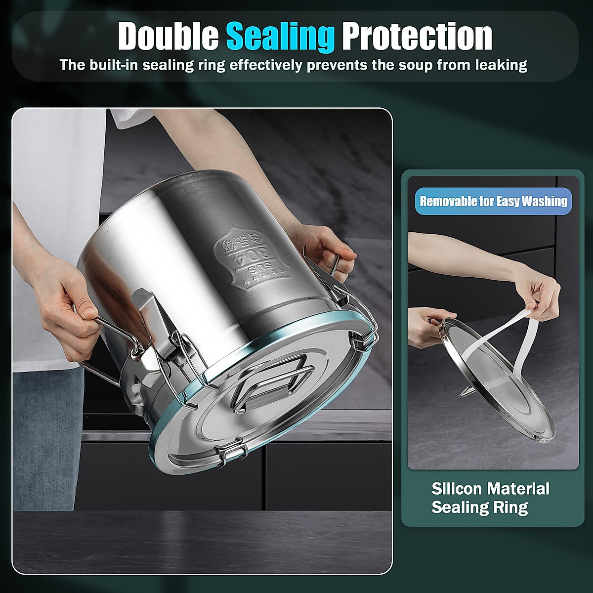 TianQinLang Stainless Steel Food Canister with Lid and Handles Rice Cereral Grain Container Kitchen Storage Bucket for Dry Wet Food Flour Oil Milk Wine Water, with Firm Locking Clamp (12L)