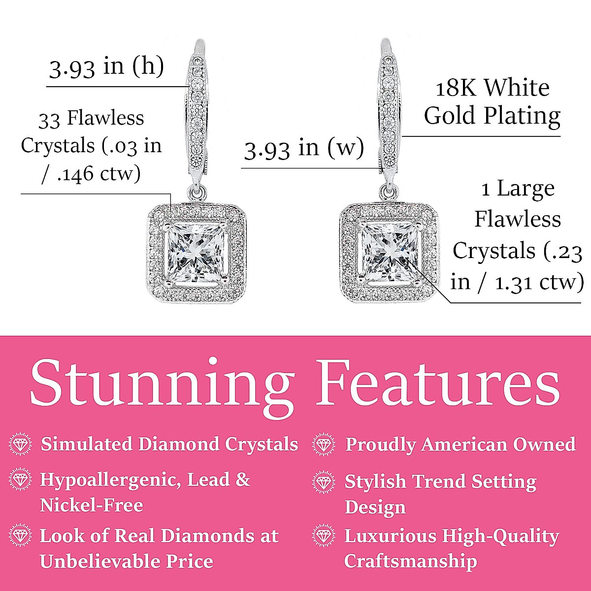 Cate & Chloe Ivy 18k White Gold Dangle Earrings | Princess Cut Cubic Zirconia Earrings, Women's Drop & Dangle Earrings, Halo Silver Earring Set, Hypoallergenic Earrings Fashion Jewelry