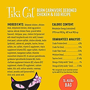 Tiki Cat Born Carnivore High Protein, Deboned Chicken & Egg, Grain-Free Baked Kibble to Maximize Nutrients, Dry Cat Food, 5.6 lbs. Bag