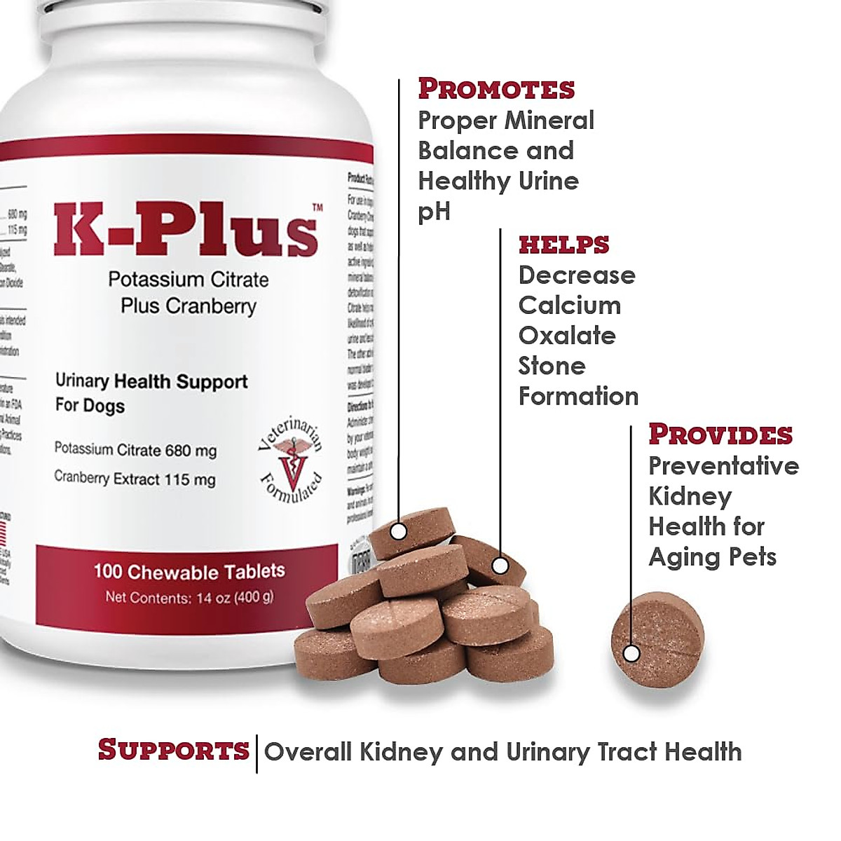 K-Plus Potassium Citrate Plus Cranberry Supplement for Dogs - UTI Remedy Chewable Tablets - Supports Bladder Health - for Every Dog Breed, 200 Chewable Tablets