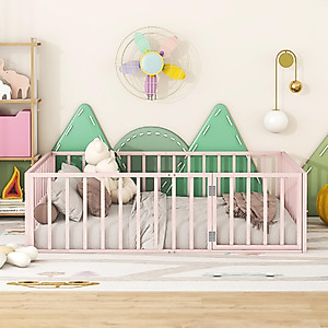 Merax Full Size Metal Floor Bed Frame with Safety Guardrails Fence and Door for Boys,Girls,Teens,Pink