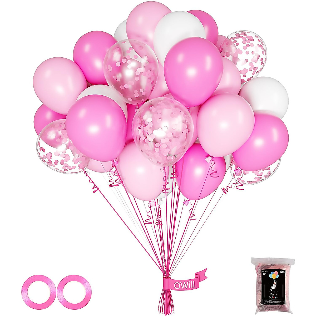 OWill 100pcs Balloons Pink White and Confetti 12 Inches Pink Latex Balloons, Pink Confetti Balloons for Birthday Baby Shower Wedding Party Supplies Arch Garland Decoration