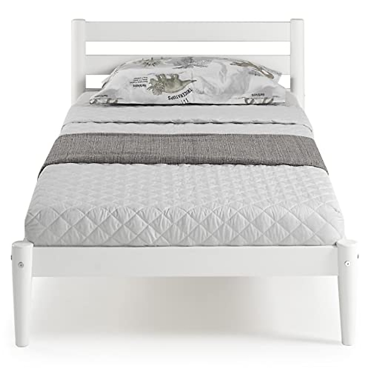 Camaflexi Mid-Century Modern Platform Bed/Solid Wood/Slat Headboard/Mattress Foundation of 10 Wood Slats - No Box Spring Needed/Easy Assembly, Mult. Colors, Twin (White)