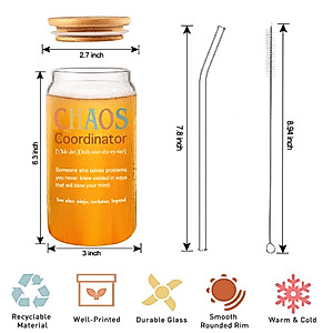 Tikem Kitch Chaos Coordinator Gifts for Women - Thank You Gift for Coworker - Boss Lady Gifts for Women - Teacher Appreciation Gifts Ideas - 16oz Glass Coffee Cup with Lid and Straw (1 Count)