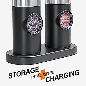 Electric Salt and Pepper Grinder Set with Rechargeable Base, Stainless Steel Salt and Pepper Grinders/Mill with Adjustable Coarseness, Refillable Salt and Pepper Shakers with LED Light, a Pair