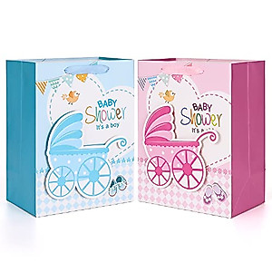 Gift Bags for Baby Shower - 2 Pack Glittery Baby Bags for Girls and Boys with Satin Ribbon Handles, Middle Size Baby Gift Bags with Lovely Pattern for Baby Shower, Guests, Favor Gifts and More (8.7’’x10.2’’x4.7’’, 1 Pack for Boy and 1 Pack for Girl)