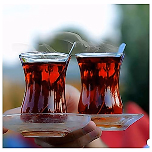 UMS Turkish Tea Glass Set - Slim Waist Design and Thick Sole Prevent Tea From Getting Cold, Easy to Keep for 6 People, 6 Saucers, 6 Glasses, Useful Tea Set (12 Pieces)
