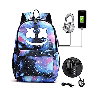Smile Luminous Backpack with USB Charger Port & Headphone Port, DJ Music Laptop Backpack, Birthday Gifts for Teens and Adult (Sky)
