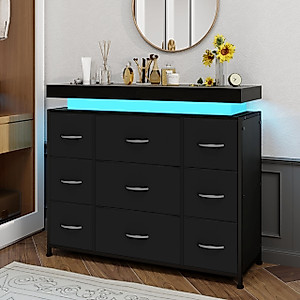 Tohomeor TV Stand 9 Drawer Dresser with Power Outlet & LED Lights, Modern Chest of Drawers Fabric Drawers with PU Finish Small TV Console Table Dresser for Living Room (Black, 9 Drawers)
