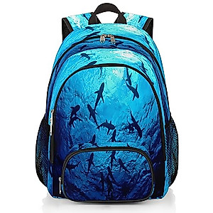 Ocean Animal Sharks Backpack for School Girls Boys,School College Backpack Rucksack Travel Bookbag Student Classics Backpack Cute Book Bags With Chest Strap