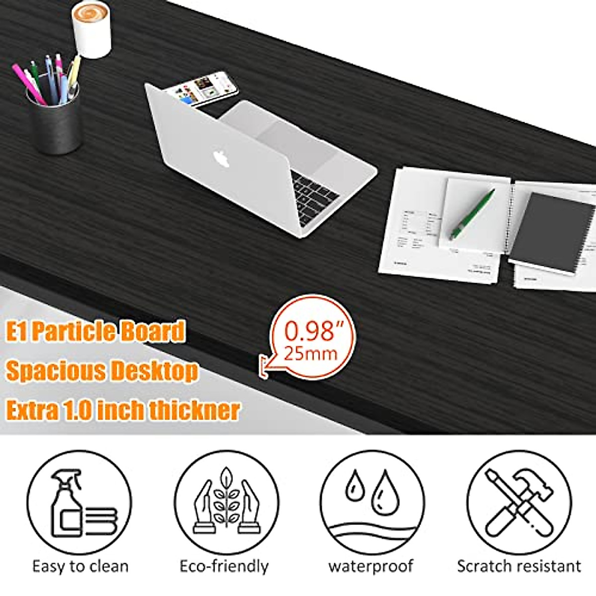 NSdirect 63" Large Computer Desk,Modern Simple Style PC Table Office Desk Wide Workstation for Study Writing,Gaming and Home Office,Extra 1" Thicker Wooden Tabletop and Black Metal Frame,Black