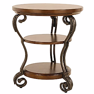 Signature Design by Ashley Nestor Traditional Hand-Finished Chairside End Table with 2 Fixed Shelves, Dark Brown