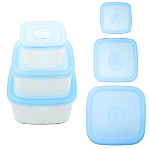 Bite&Eat Silicone Food Storage Containers | BPA Free, Airtight, Dishwasher, and Freezer Safe with Lids | Air Vent Nesting Containers Safe for Microwave | Set of 3 (5.7oz, 10oz, 20oz) - Blue/Clear