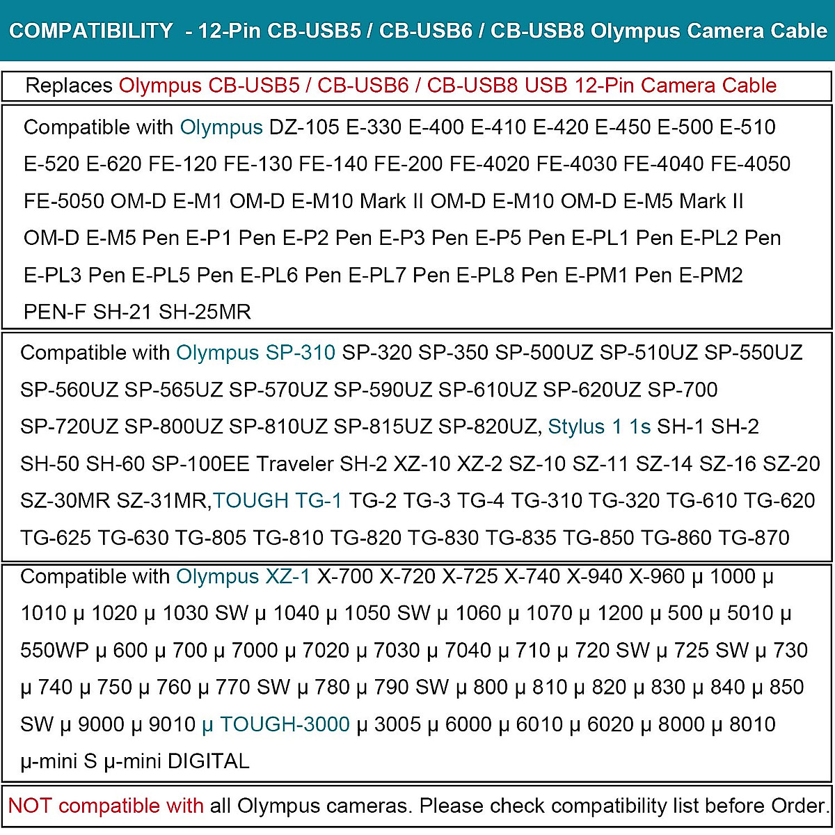 MaxLLTo USB Cable for Olympus Tough TG-4 TG-860 TG-870, Extra Long 5ft USB 2in1 Data SYNC-Charge Charging Cable Cord for Olympus Tough TG 4 TG 860 TG 870 Waterproof Underwater Camera