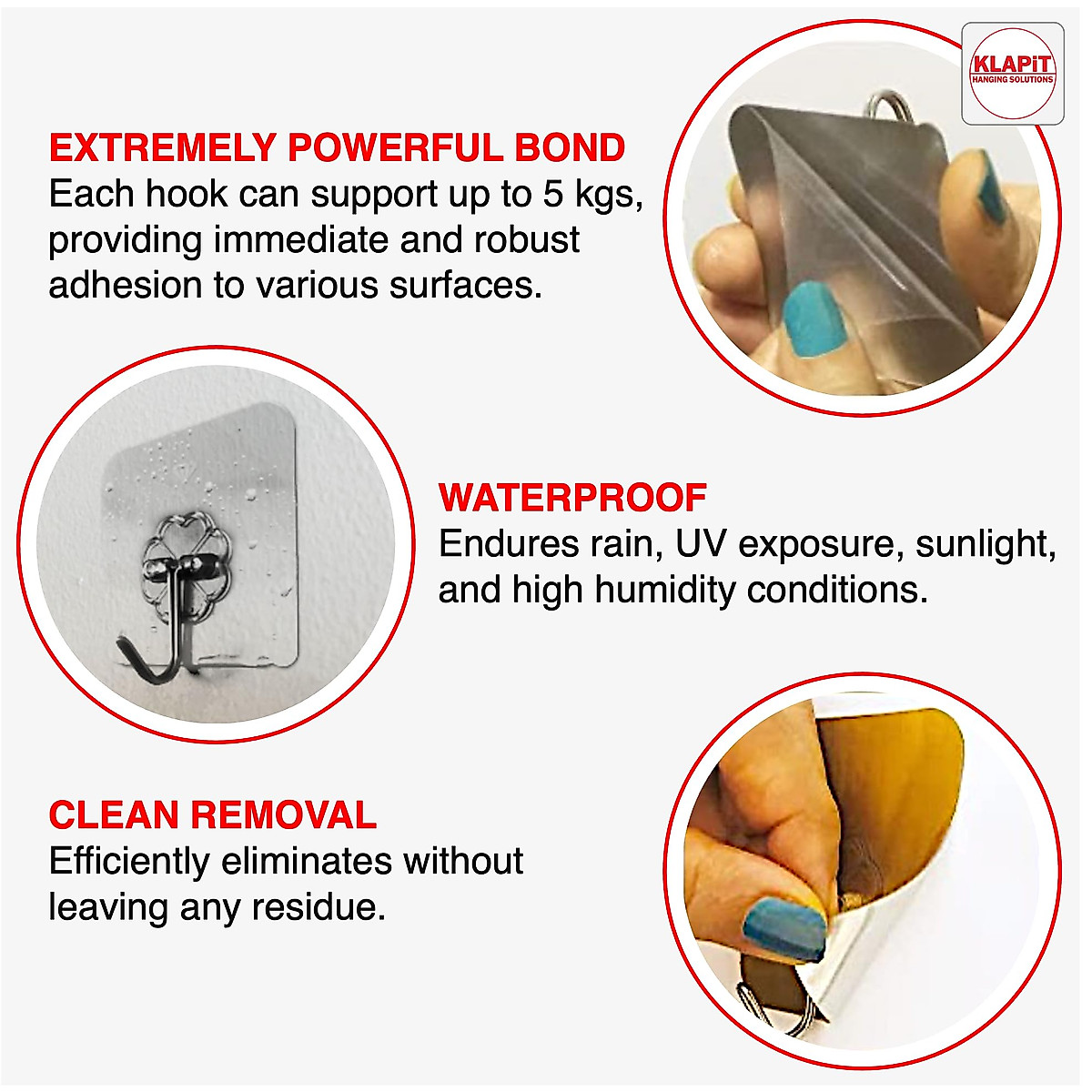 KLAPiT Super Hook - Heavy-Duty Adhesive Wall Hooks, Holds Up to 11 lbs, Waterproof, No Damage, Easy Install on Tile, Wood, Stone, Glass & Metal - Made of Steel (Clear, 4pc)