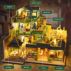 Yuzhen DIY Miniature Dollhouse with Furniture and LED Lights, Japanese Style Wooden Mini-House Includes Dustcover and Music Movement, Collectibles for Hobbies