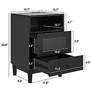 Saudism Black Nightstand with Charging Station, End Table with Glass Drawers, Night Stand with LED Lights, Wood Bedside Tables for Bedroom, 15.7”×13.7”×23.8”