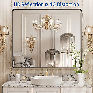 WEER 36X30 Inch Black Metal Framed Bathroom Mirror, Matte Black Bathroom Vanity Mirror, Rectangular Black Wall Mirror for Bathroom, Tempered Glass, Rounded Corner, Hangs Horizontal or Vertical