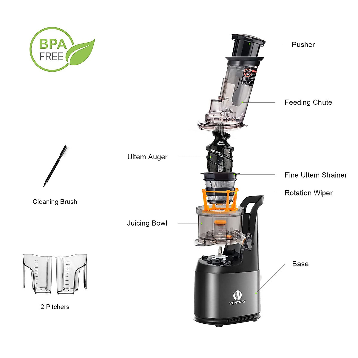 Ventray Slow Press Masticating Juicer Machine, Electric Whole Slow Cold Press Juice Extractor Maker for Citrus Orange Fruit Vegetable Compact Small Space Saving Easy to Clean BPA Free