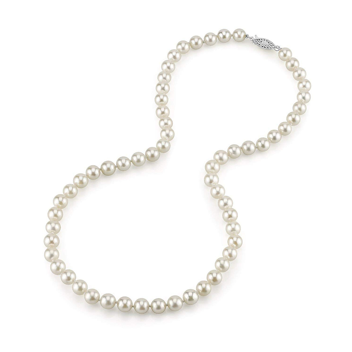 The Pearl Source 14K Gold 6.5-7.0mm Round Genuine White Japanese Akoya Saltwater Cultured Pearl Necklace in 17" Princess Length for Women