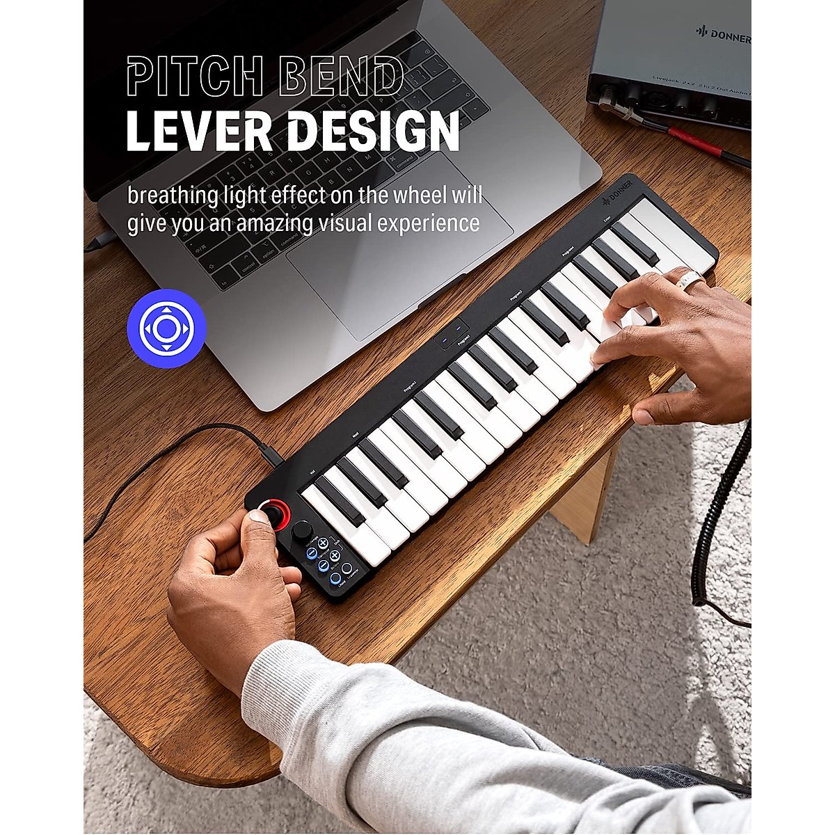 USB MIDI Keyboard Controller MINI 32-Key, Donner N-32 with Screen, Sequencer, Chord, Bend Sound Effects By Light-up Joystick for Mac/PC, Music Production Software, 40 Teaching Courses
