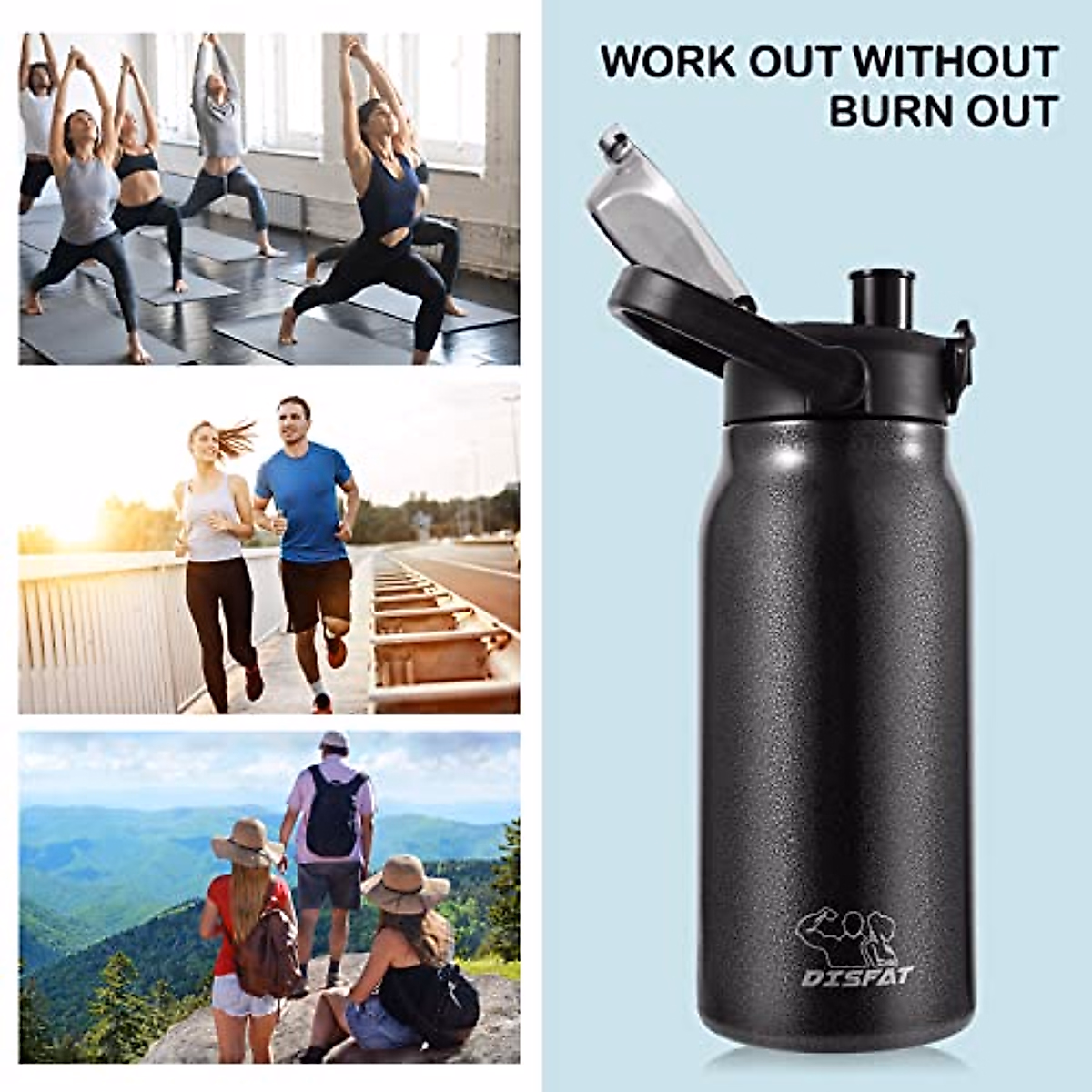 With Straw Water Bottle, 44 oz Vacuum Insulated Sports Water Bottle, can hold hot water for 12h and cold water for 24h, reusable, double wall vacuum mug water bottle（BIACK）