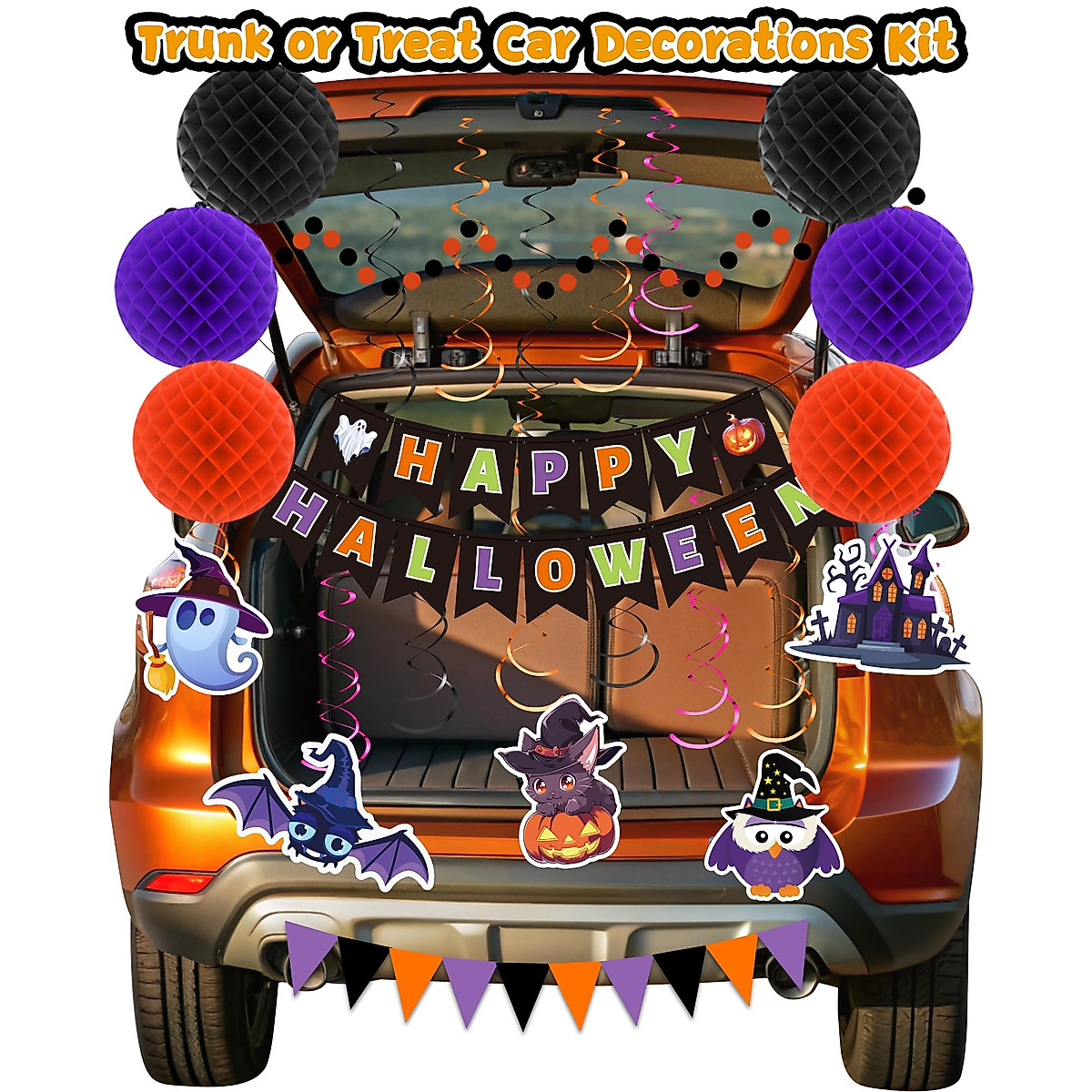 Happy Halloween Banner Halloween Party Decorations Indoor, Paper Pom Poms Triangle Flag Halloween Sign Hanging Garland Swirls Halloween Streamers for Trunk or Treat Decorations