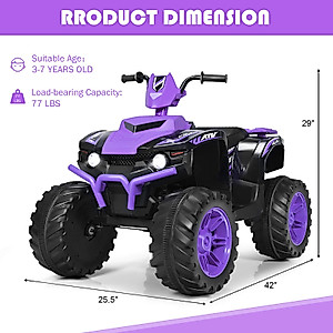 Costzon Kids ATV, 12V Battery Powered Electric Vehicle w/LED Lights, High & Low Speed, Horn, Music, USB, Treaded Tires, Ride on Car 4 Wheeler Quad for Boys & Girls Gift, Ride on ATV (Purple)