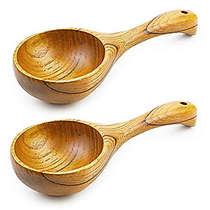 BILLIOTEAM 2 Pack Wooden Kitchen Scoop Ladle,Multipurpose Large Solid Wood Water Spoon Serving Soup Tablespoon for Cooking,Bath Salt,Canisters Flour