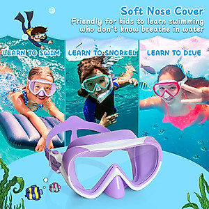 Kids Swim Mask 180° Snorkel Diving Mask, Anti-Fog Child Swim Goggles with Nose Cover No-Leak Swimming Goggles Anti-Shattered Lens for Youth 4-15 (Purple)